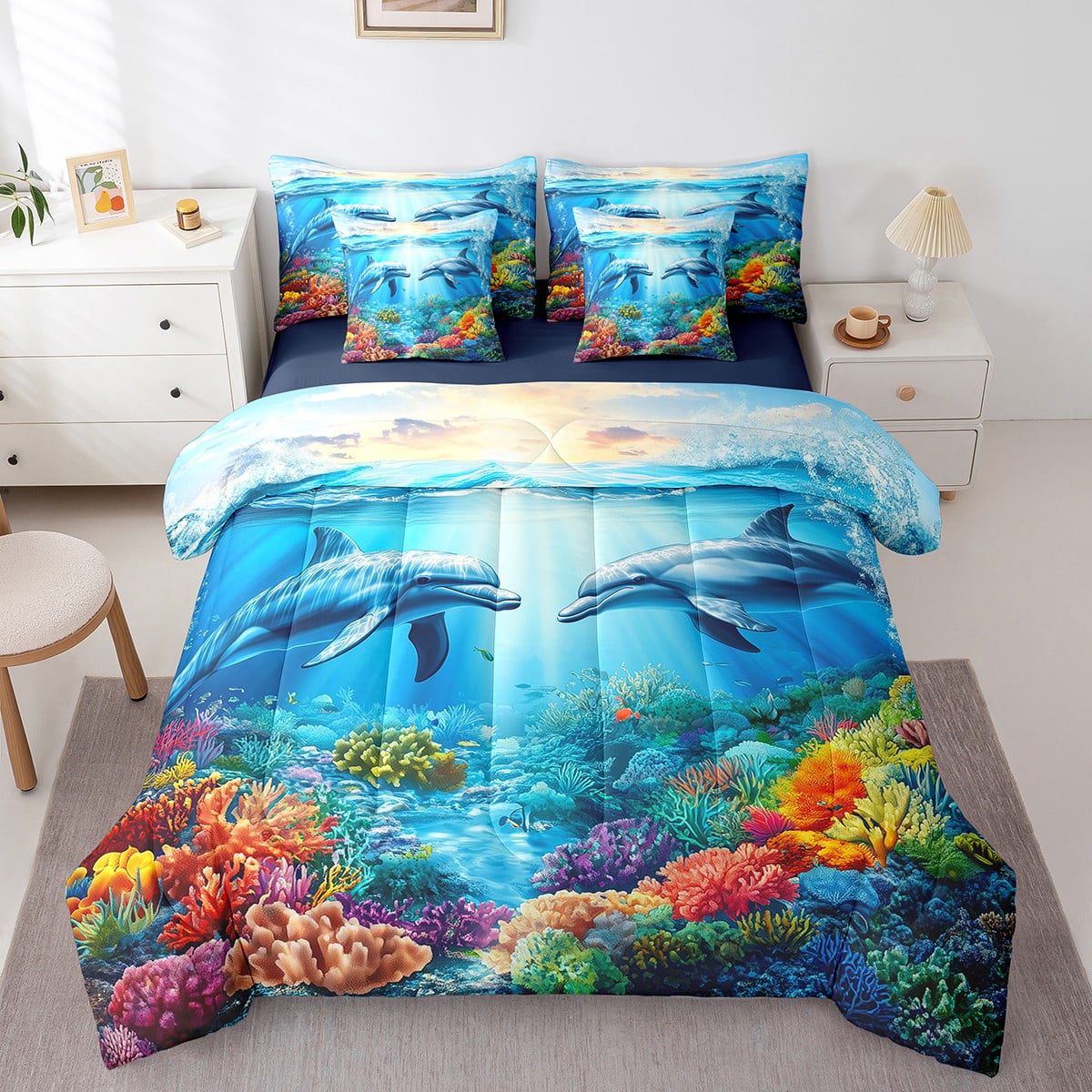 Erosebridal Dolphin Comforter Set Twin Size 7 Pieces Fish Ocean ...