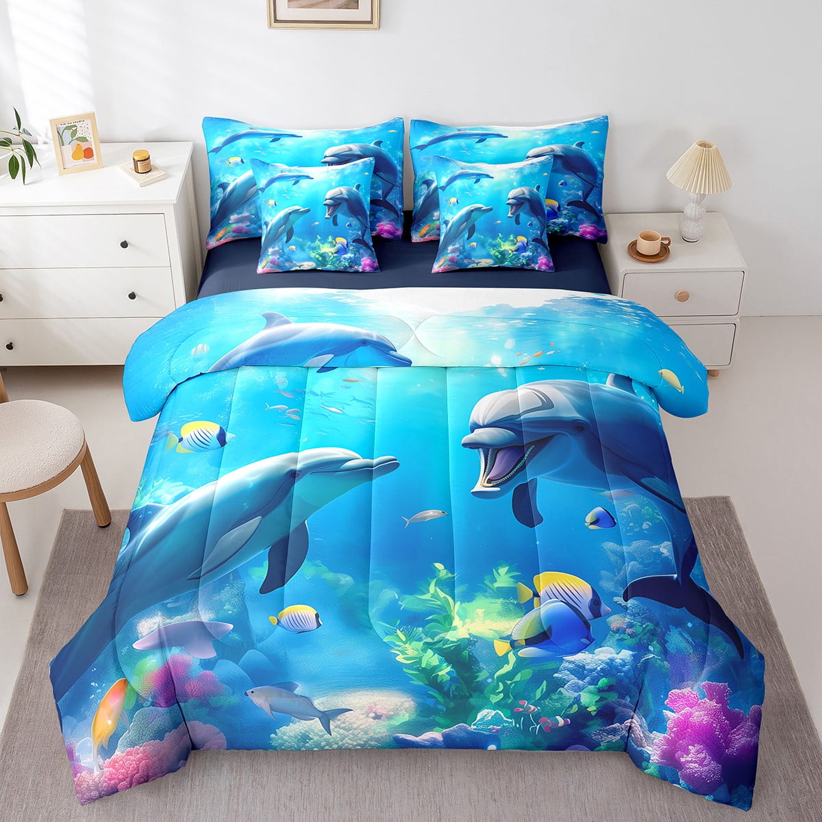 Erosebridal Dolphin Comforter Set Twin Size 7 Pieces Fish Kids Boys Girls Sea Ocean Marine ...