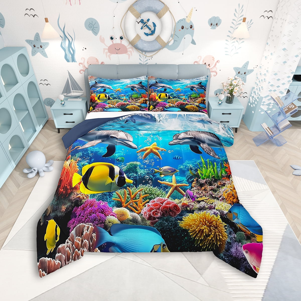 Erosebridal Dolphin Comforter Set Twin Size Fish Starfish Bedding Set Ocean Marine Sea Creatures ...