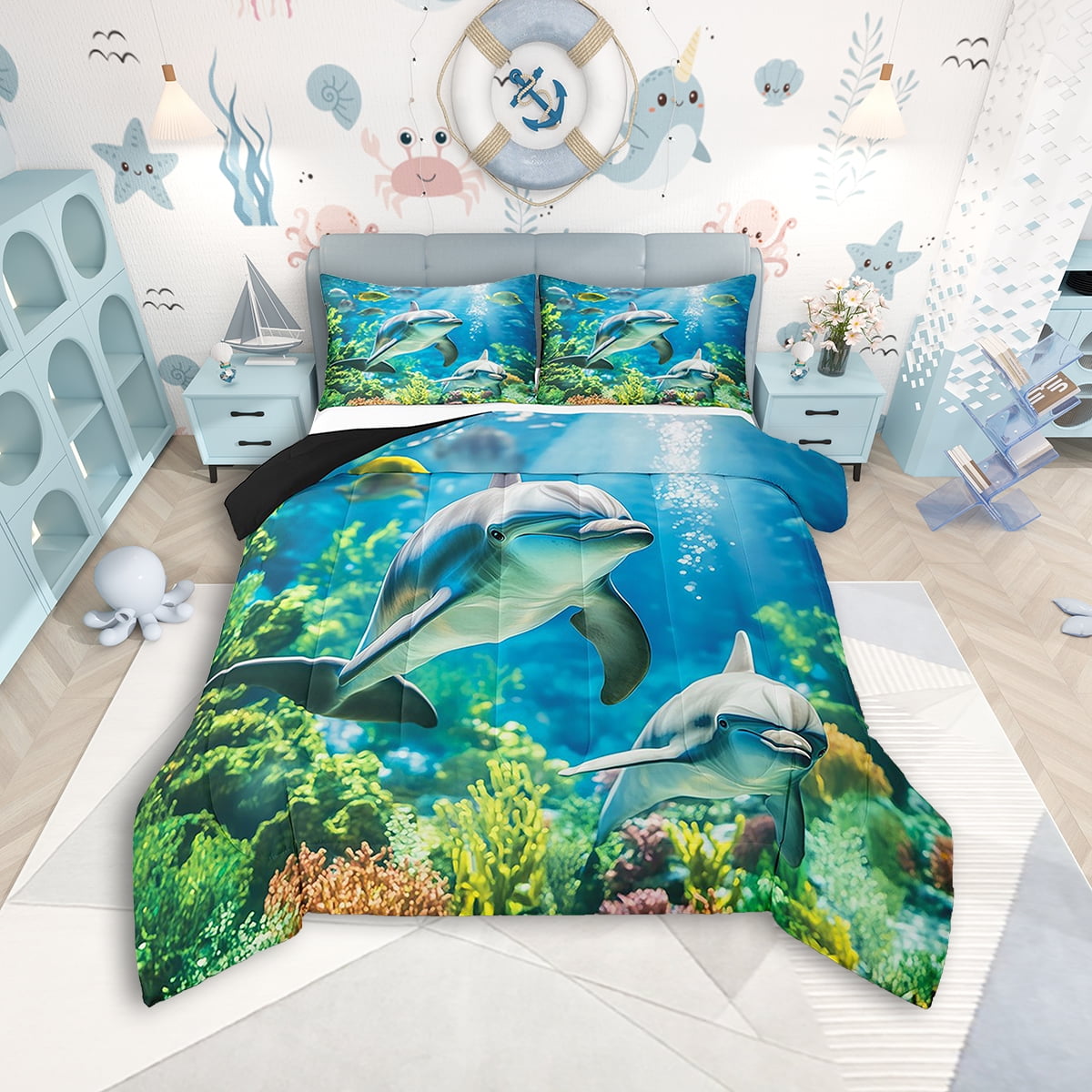 Erosebridal Dolphin Comforter Set Twin Size Kawaii Ocean Animal Bedding ...