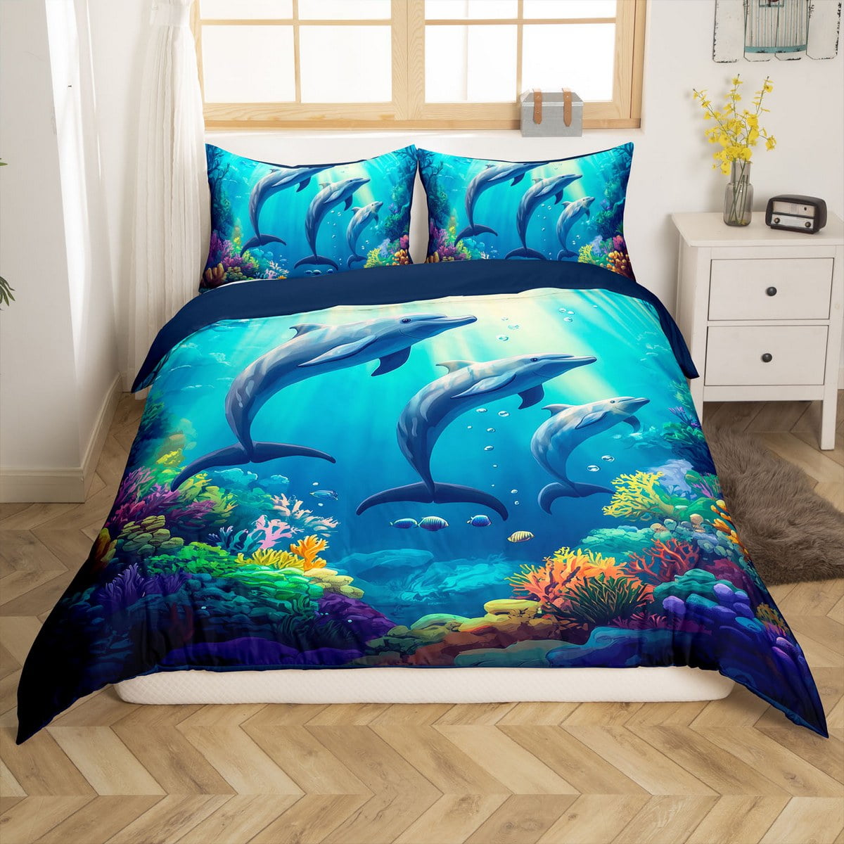 Erosebridal Dolphin Duvet Cover Full Size Cute Ocean Animal Jumping ...