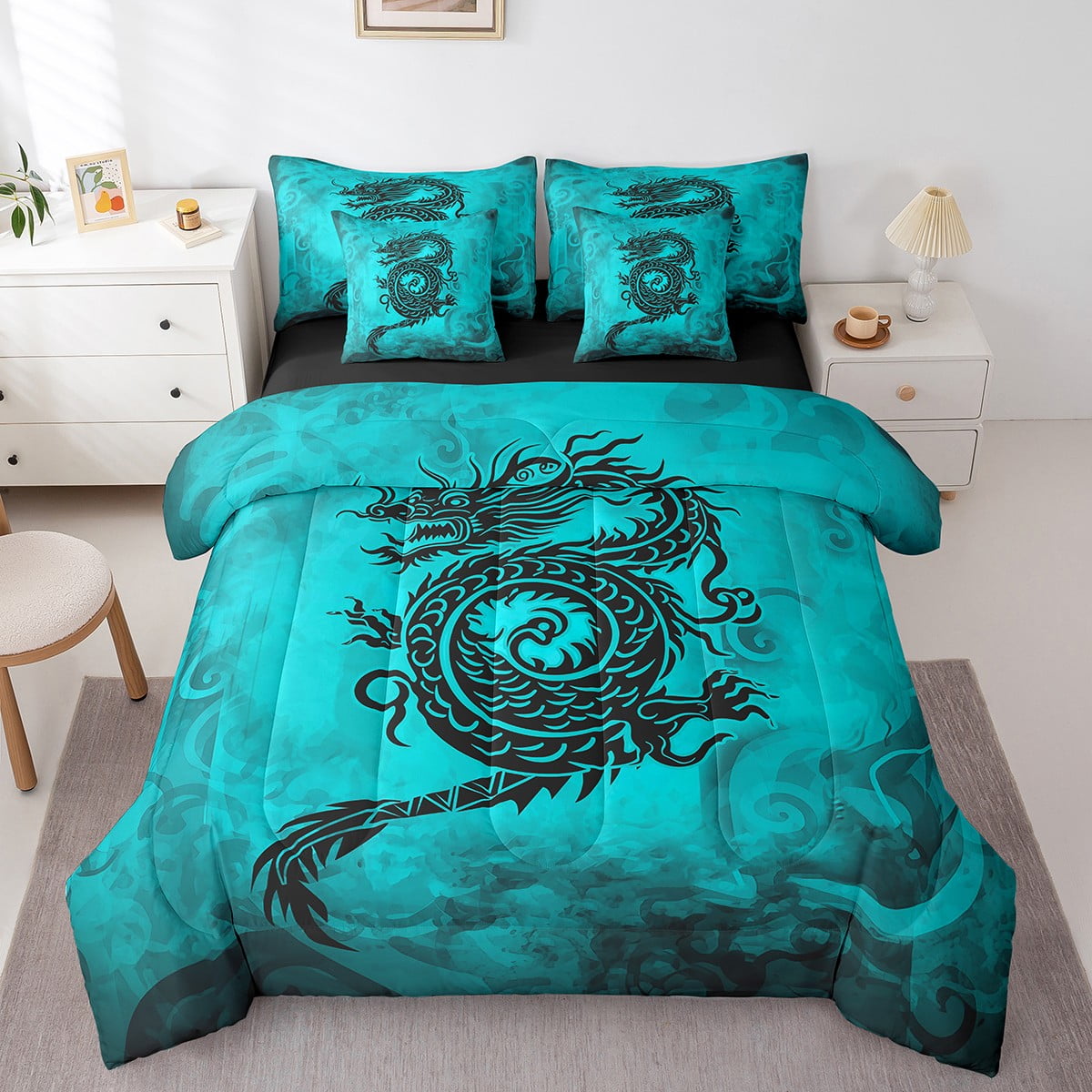 Erosebridal Dragon Print Bedding King Size, Black Cyan Bed in a Bag ...