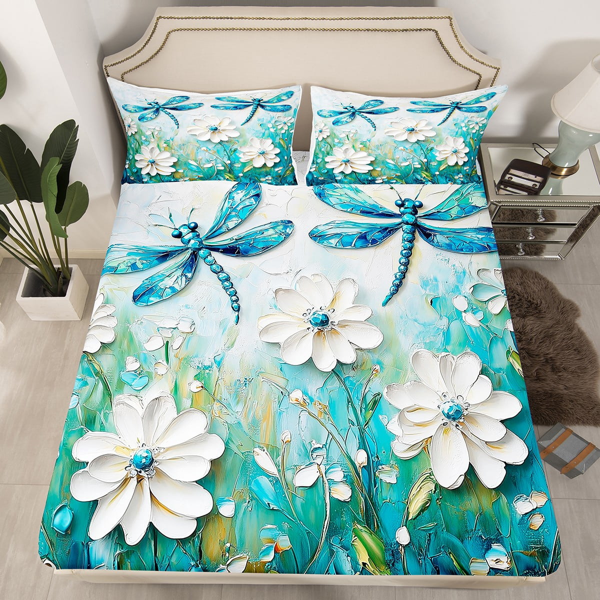 Erosebridal Dragonfly Fitted Sheet Set Twin,White Flower Bedding Twin ...