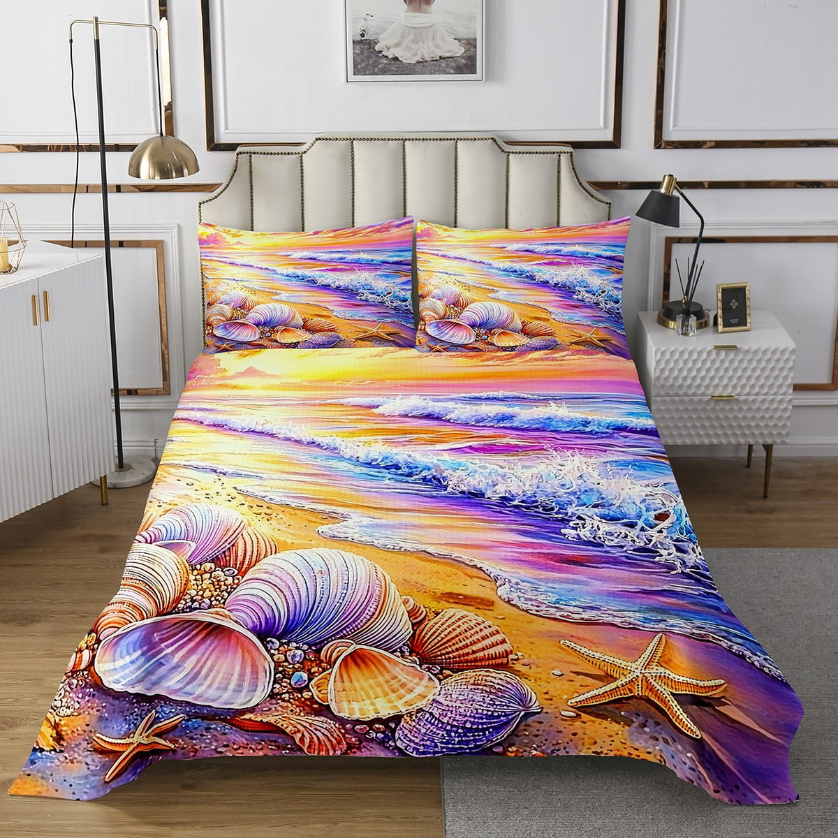 Erosebridal Dreamy Coastal Quilt Sets for King Size Bed, Seashell Beach ...