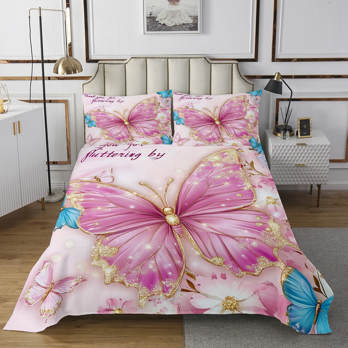 Erosebridal Dreamy Pink Butterfly Coverlet Set King, Chic Flower Floral ...