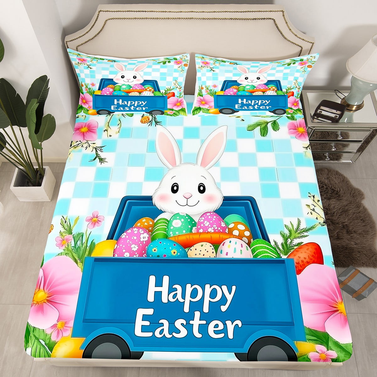 Erosebridal Easter Rabbit Bed Set Twin Size Colorful Easter Eggs Fitted ...