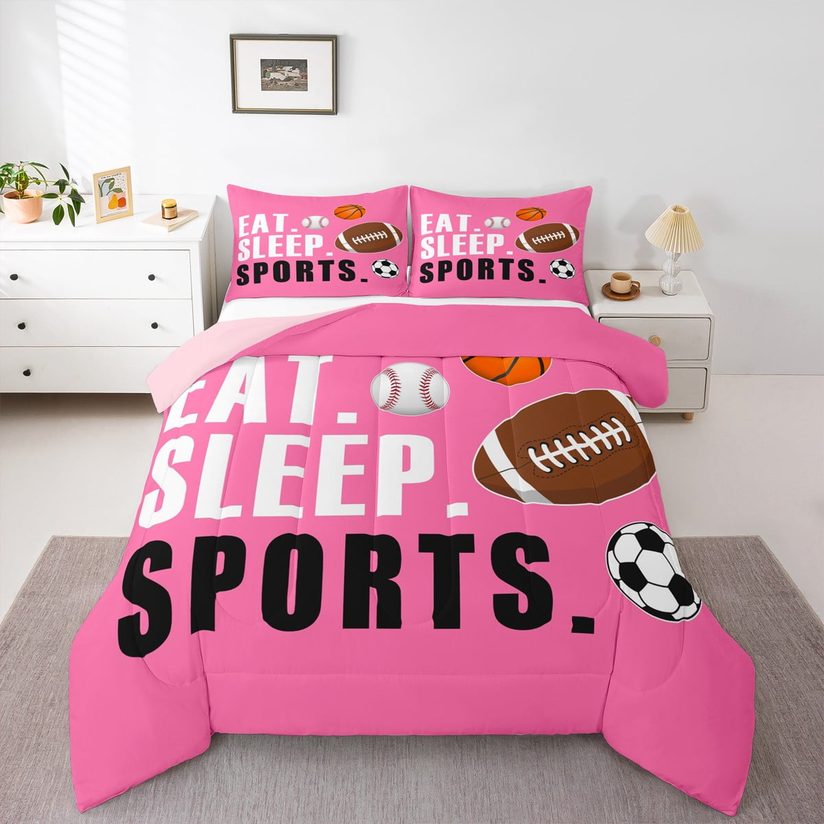 Erosebridal Eat Sleep Sports Bedding Full Comforter Set, Cartoon Rugby ...