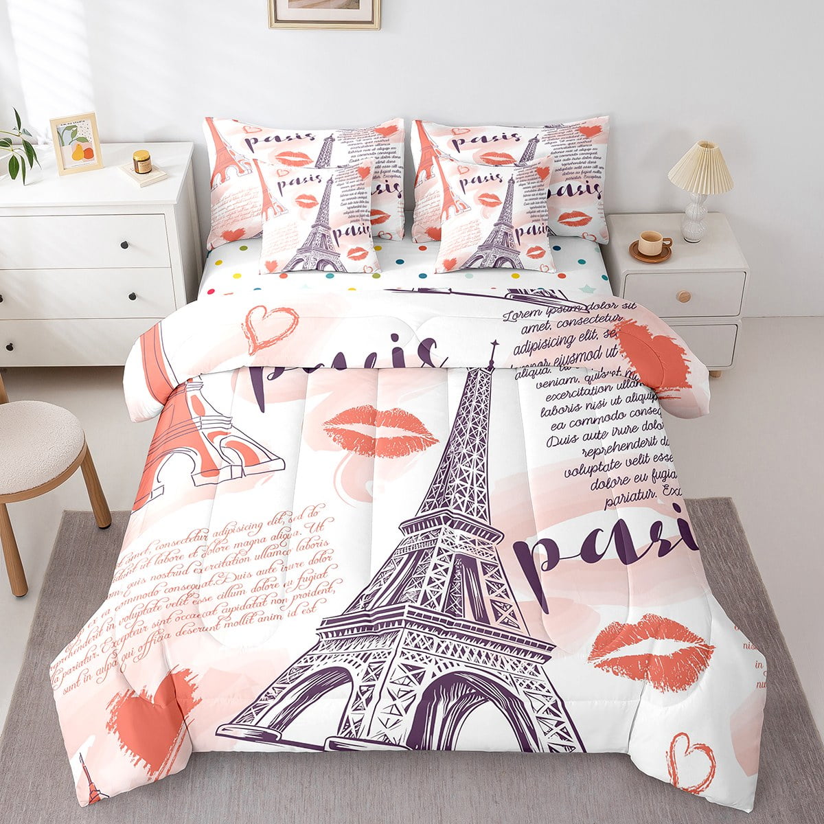 Erosebridal Eiffel Tower Bedding Sets Full Size, Red Lip Comforter Sets with Sheets, Vintage ...