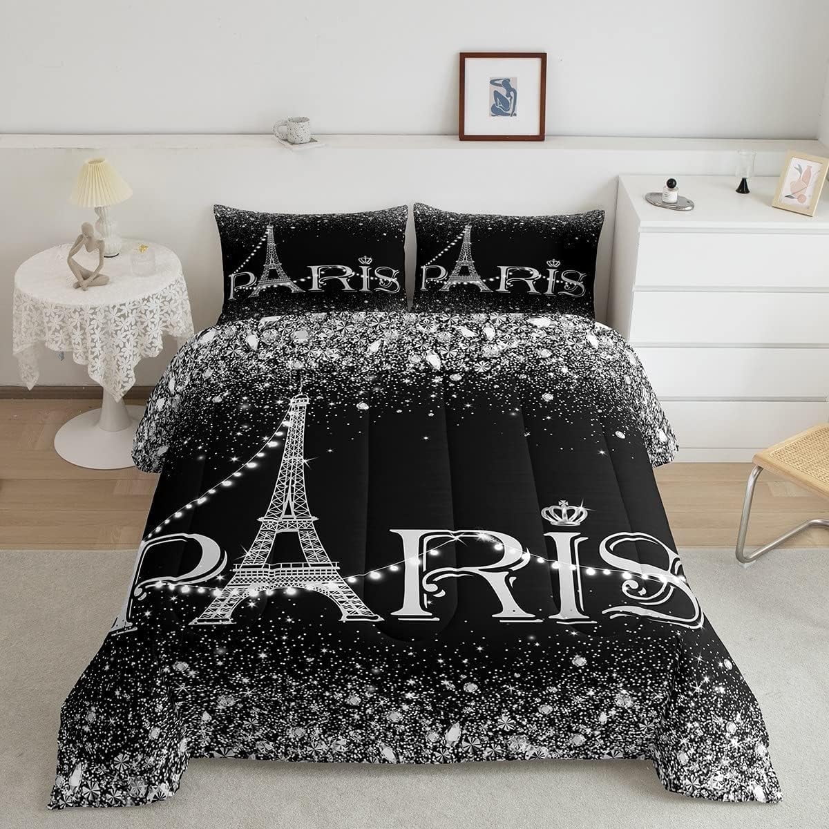 Erosebridal Eiffel Tower Comforter Set ,Black White Romantic Paris ...