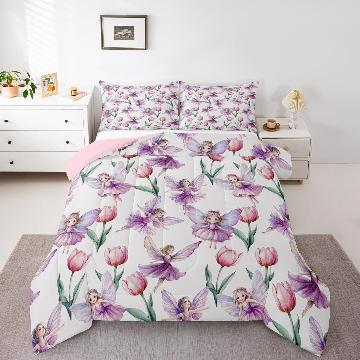 Erosebridal Elf Fairy Comforter Sets Queen Size, Purple Tulip Flower ...
