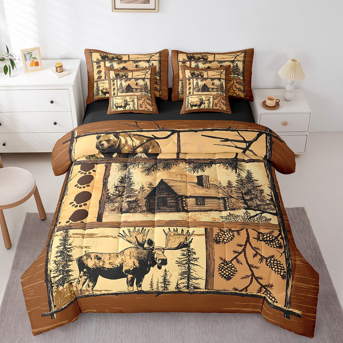 Erosebridal Elk Deer Comforter Set King 7 Pcs Bear Moose Antler Hunting Bedding Set Rustic ...