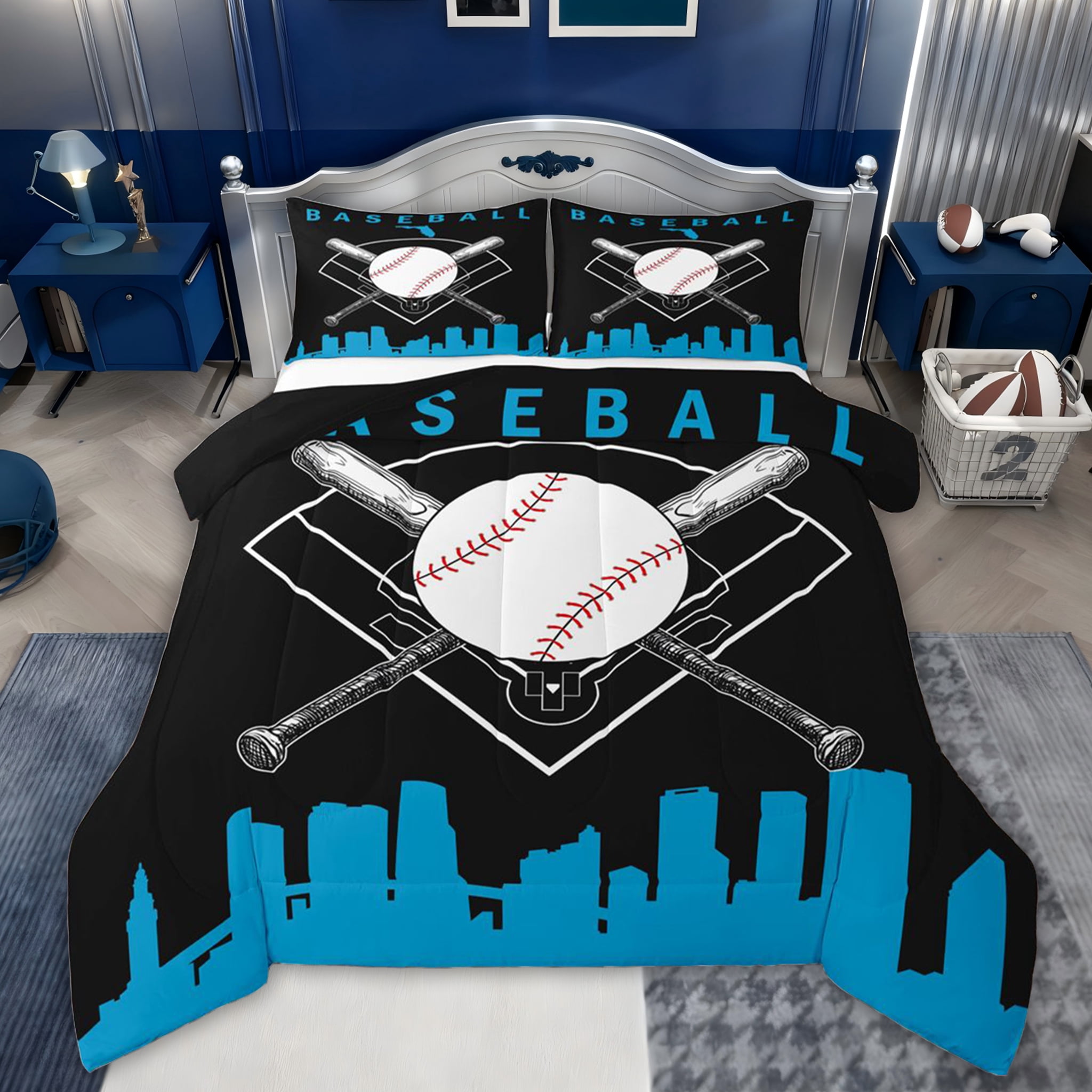 Erosebridal Est Baseball Sleep Queen Comforter Set for Kids, Black Blue ...
