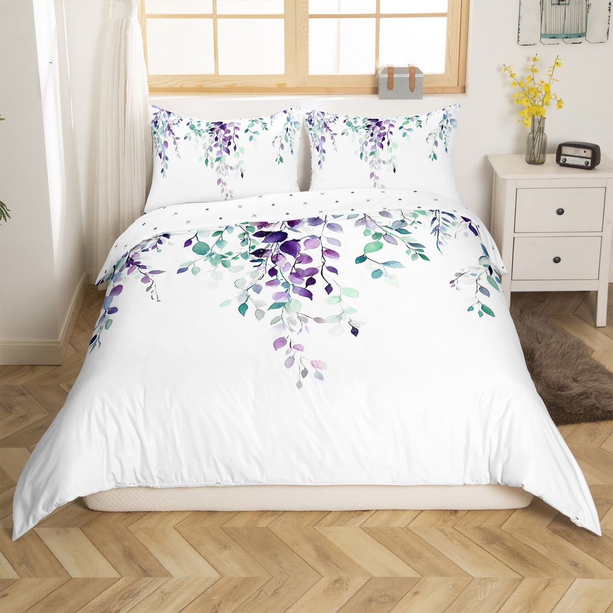 Erosebridal Eucalyptus Leaf Duvet Cover Queen, Purple Green Bedding ...