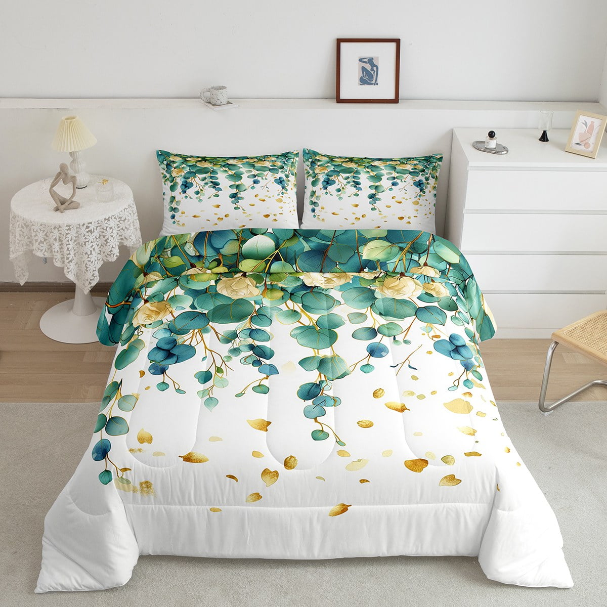 Erosebridal Eucalyptus Leaves Bedding Queen Comforter Set, Plant ...