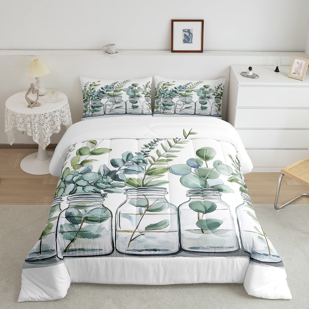 Erosebridal Eucalyptus Leaves Bedding Queen Comforter Set, Watercolor ...