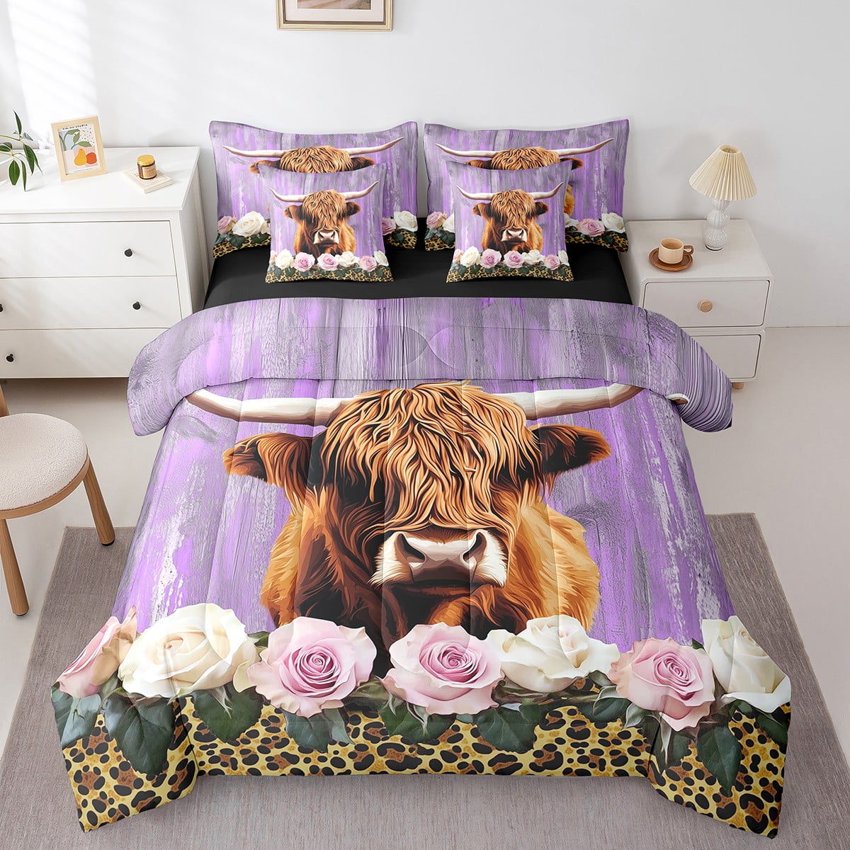 Erosebridal Farm Cow Bed in a Bag Queen size, Leopard Print Bed Set, Pink Rose Room Decor ...