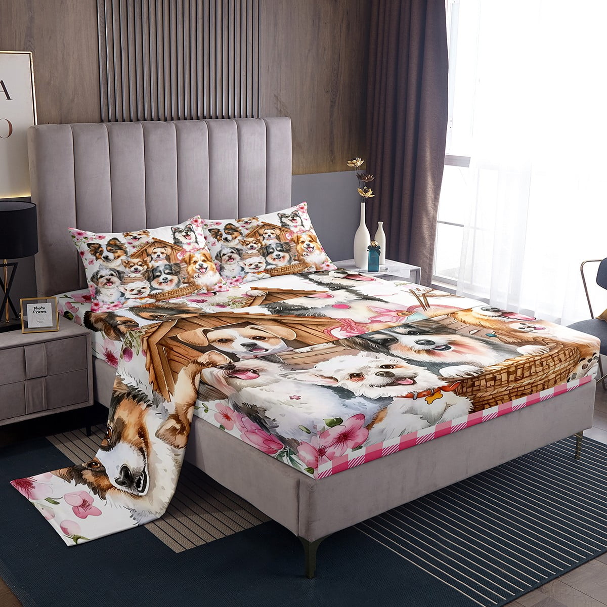 Erosebridal Farm Dog Bed Sheets Set Queen Size, Pink Flower Bed Sheets ...