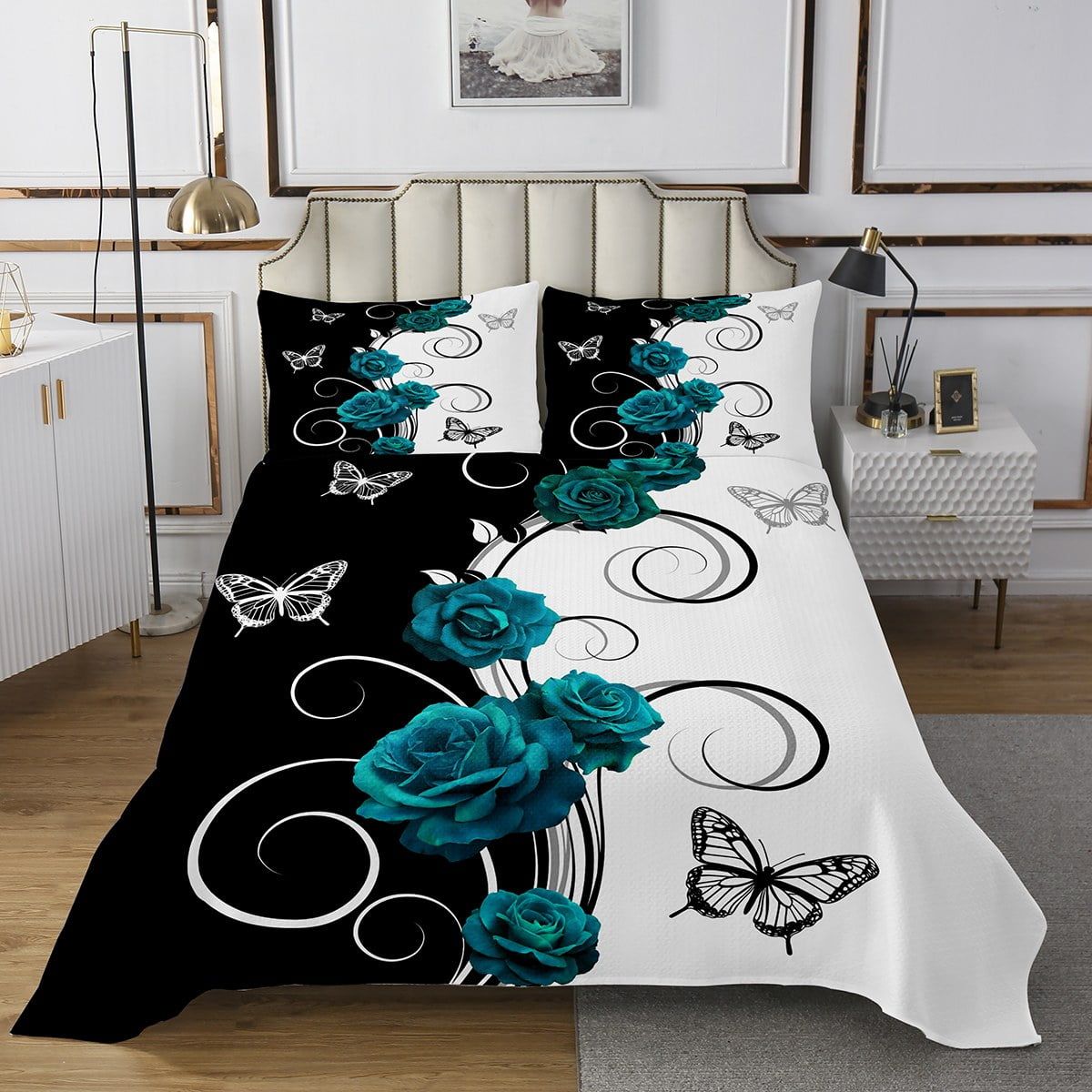 Erosebridal Farm Flower Quilt Set Queen,Floral Butterfly Coverlet Set ...