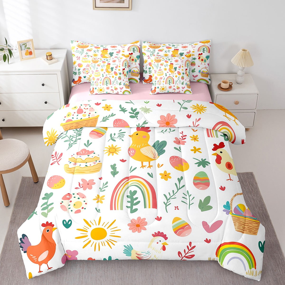 Erosebridal Farm Rooster Bedding Twin Size, Cartoon Rainbow Bedding ...