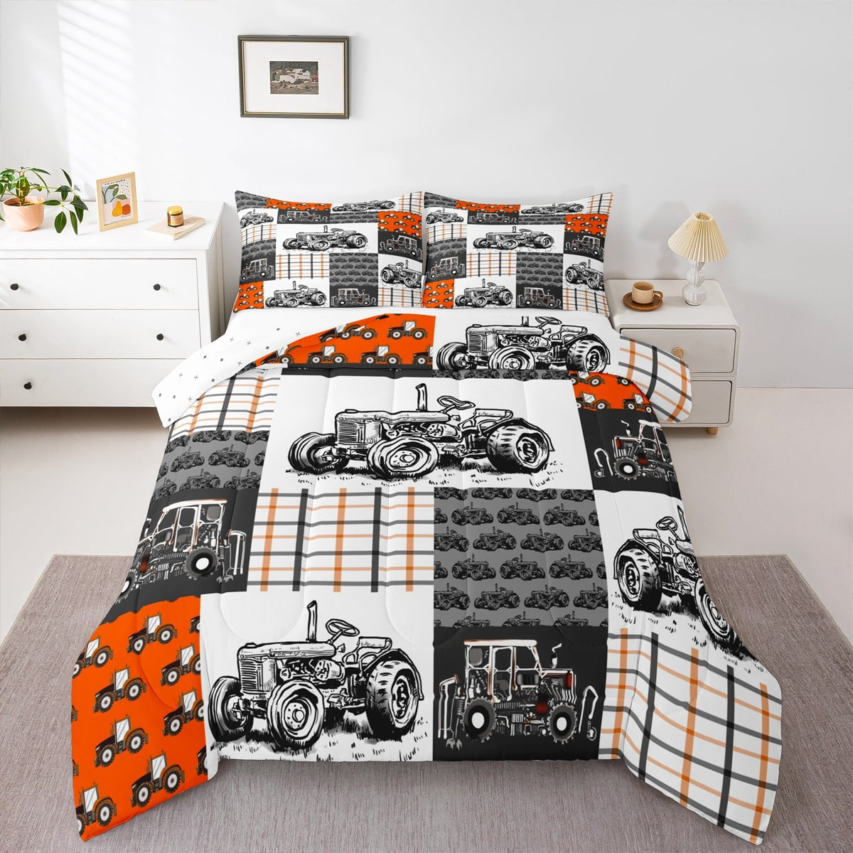 Erosebridal Farmhouse Tractor Comforter Sets Full Size,Black Sketch ...