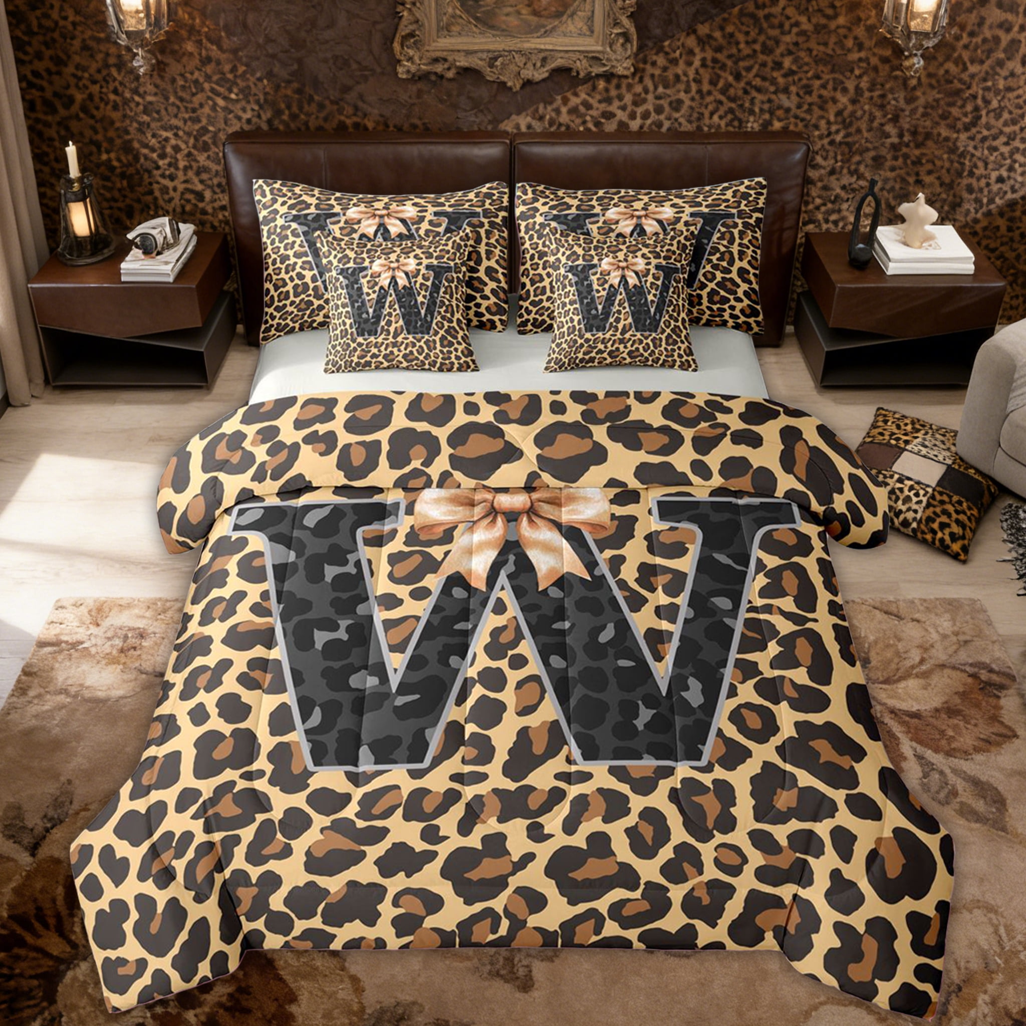 Erosebridal Fashion Leopard Print Bedding Comforter Set, Ribbon Initial ...