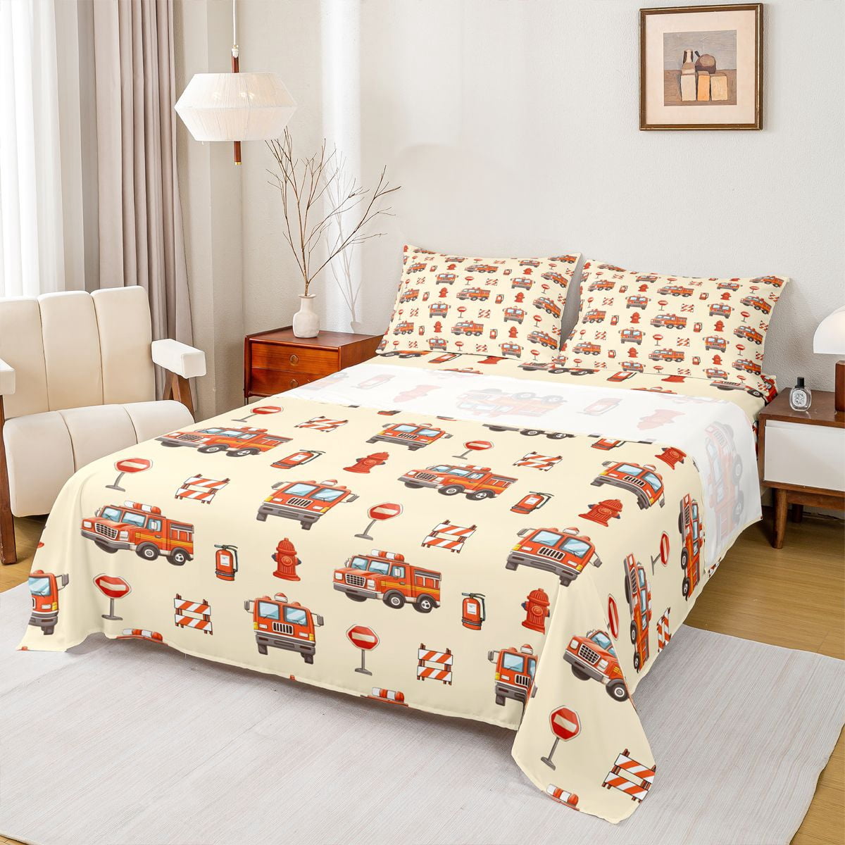 Erosebridal Fire Fighting Truck Full Size Sheets for Kids, Cute Cartoon ...