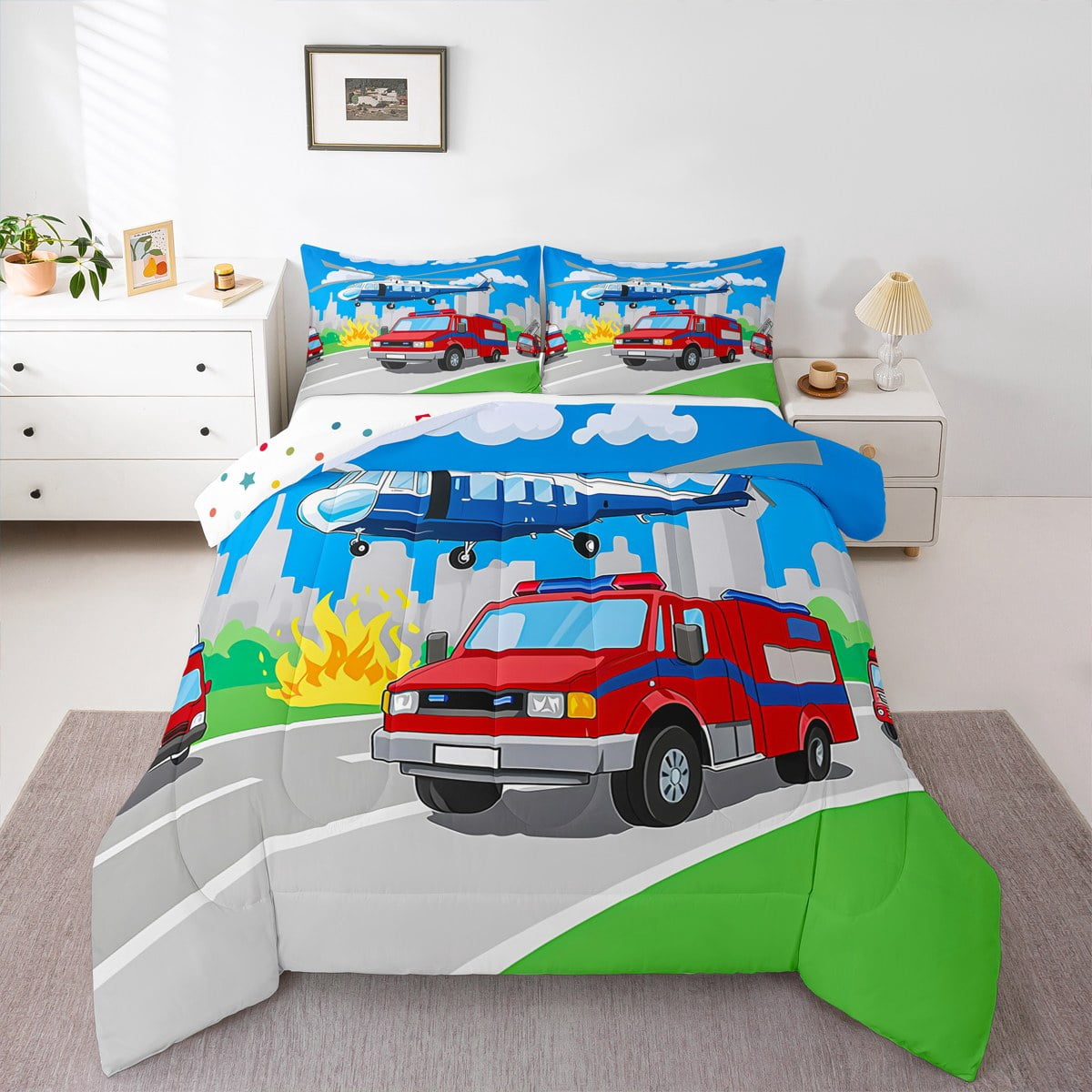 Erosebridal Fire Truck Bedding King Comforter Set,Cartoon Plane Bedding ...