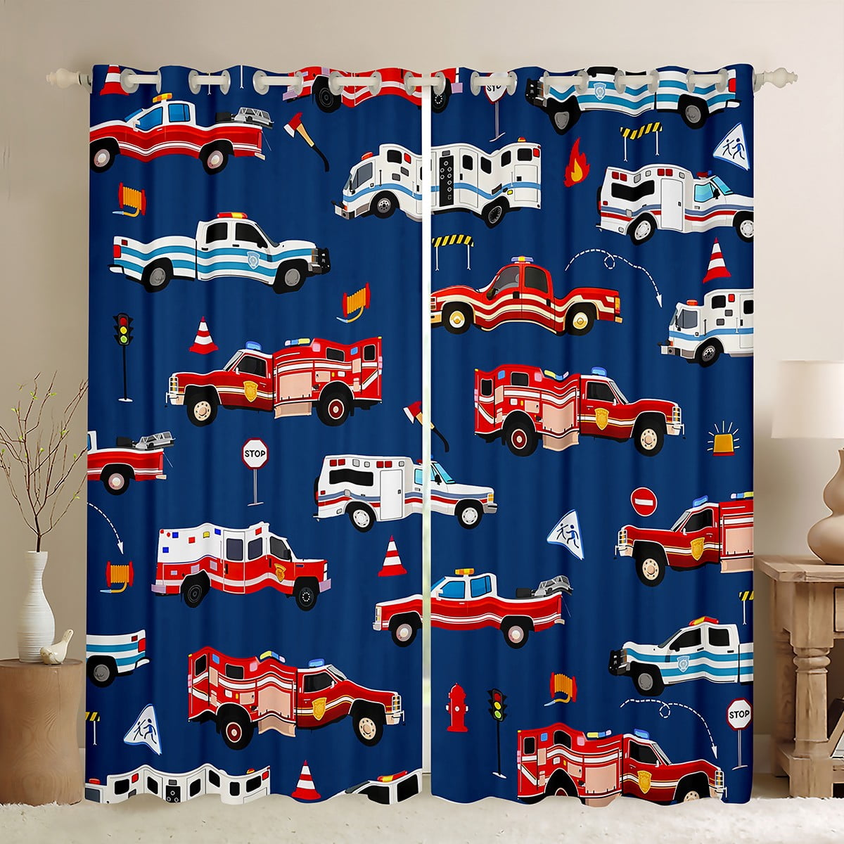 Erosebridal Fire Truck Curtains for Living Room,Police Car Curtains and ...