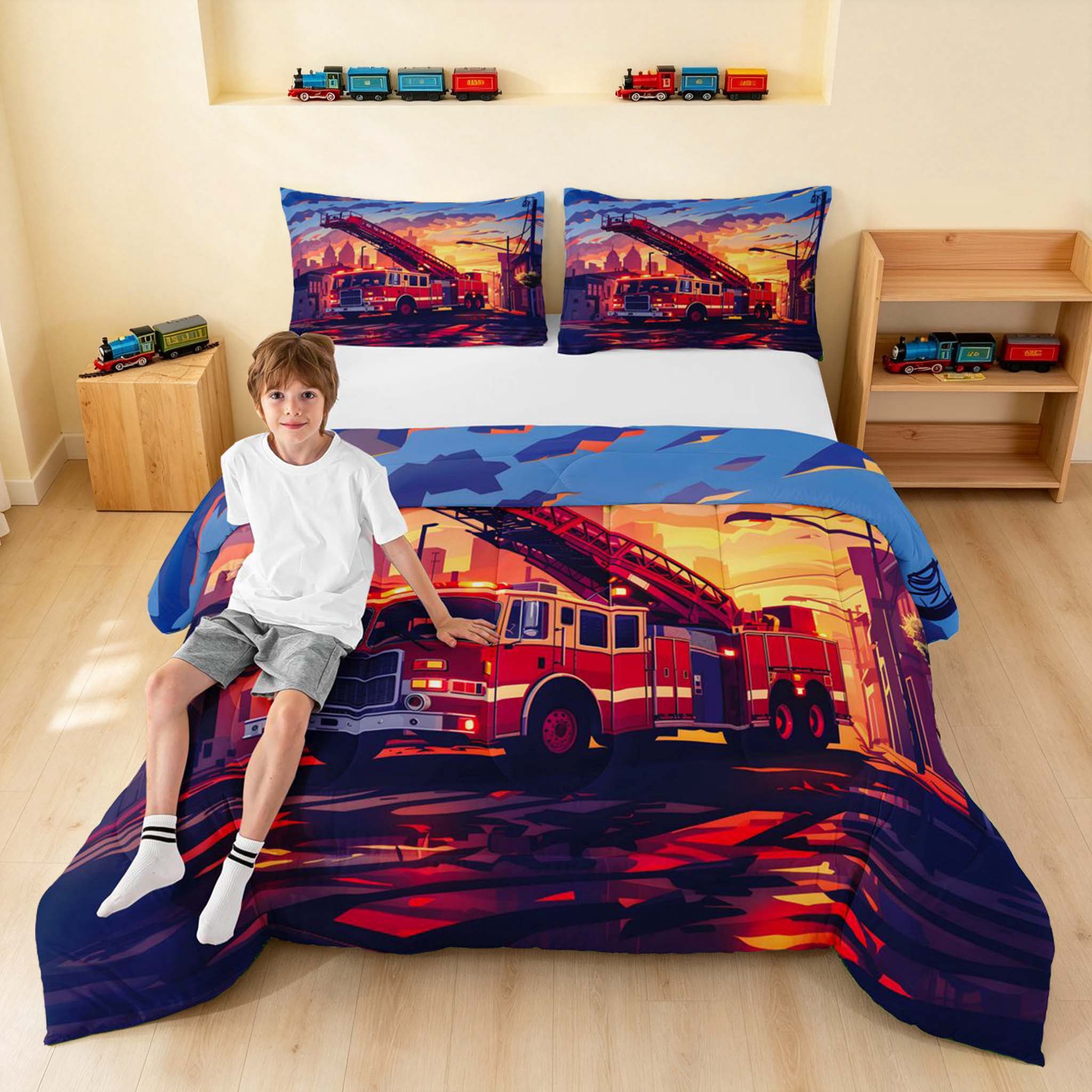 Erosebridal Fire Truck Queen Comforter Set, Firefighter Comforter Sets ...