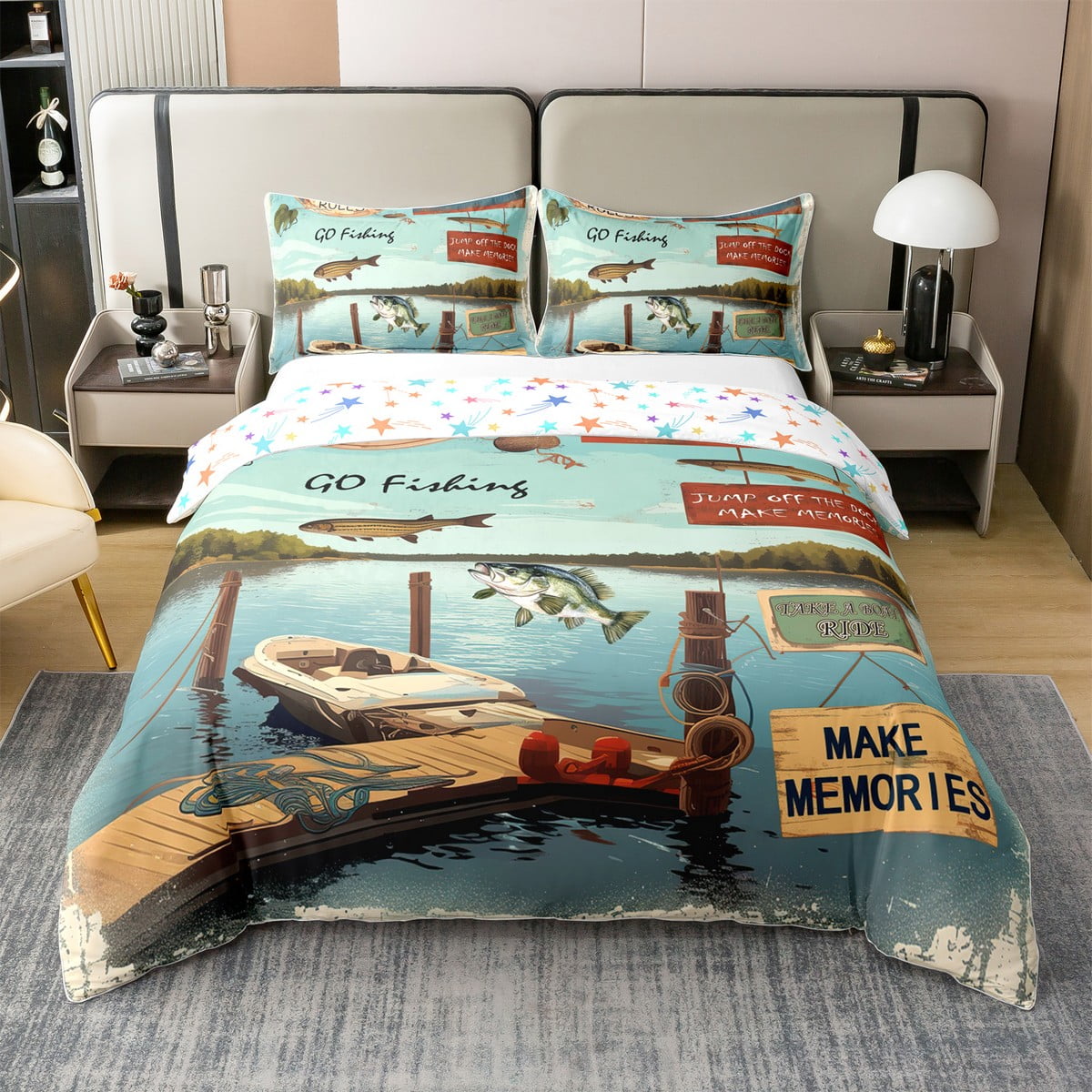 Erosebridal Fishing Boat 100% Cotton Duvet Cover Full Size, Bass Fish ...