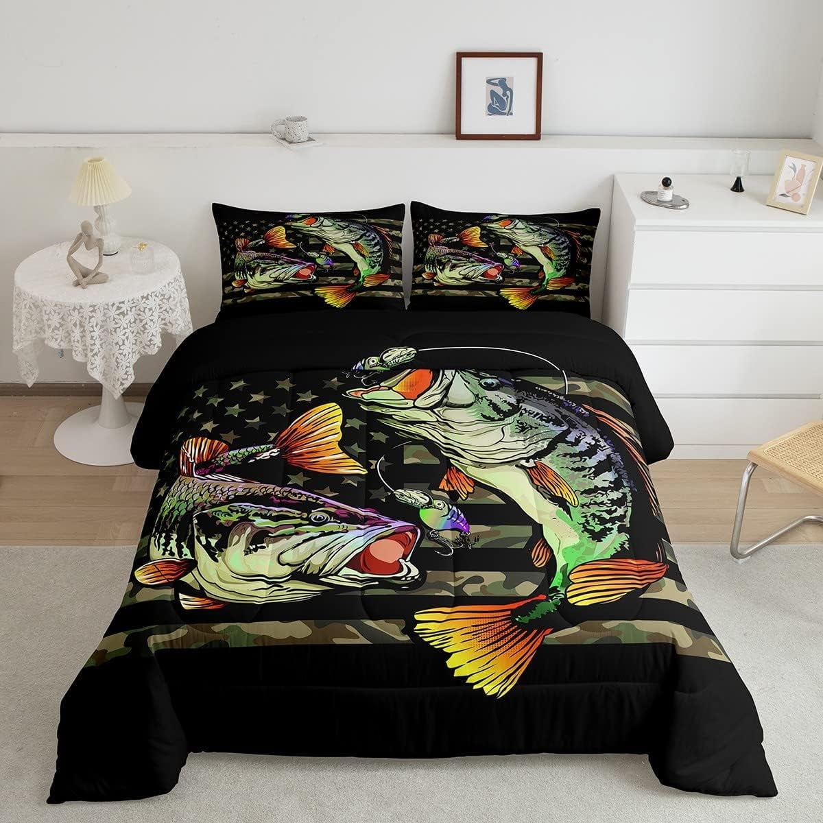 Erosebridal Fishing Comforter Set Queen Bass Fishing Bedding Women ...