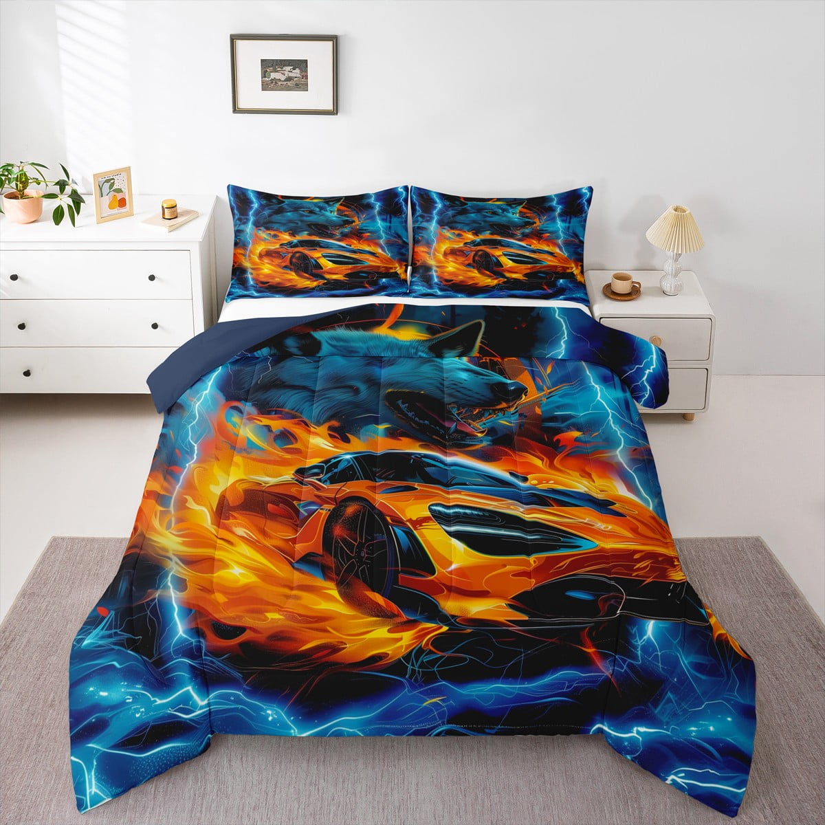 Erosebridal Flame Race Car Comforter Sets Twin Size,Wolf Wolves Howling Comforters & Duvets,Blue ...