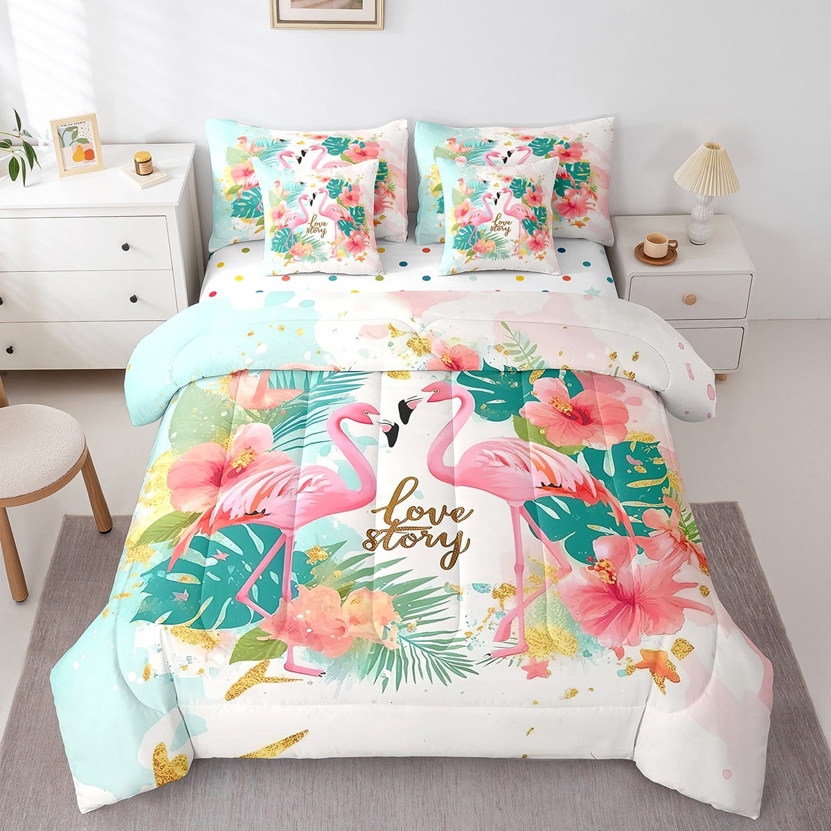 Erosebridal Flamingo Bedding Sets King Size, Pink Rose Flower Comforter ...