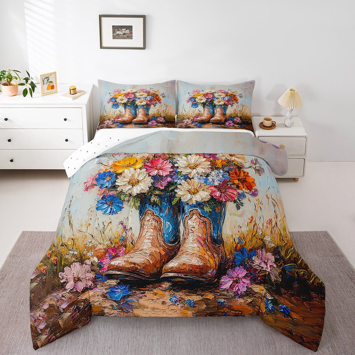 Erosebridal Floral Boots Bedding King Comforter Set,Western Theme ...