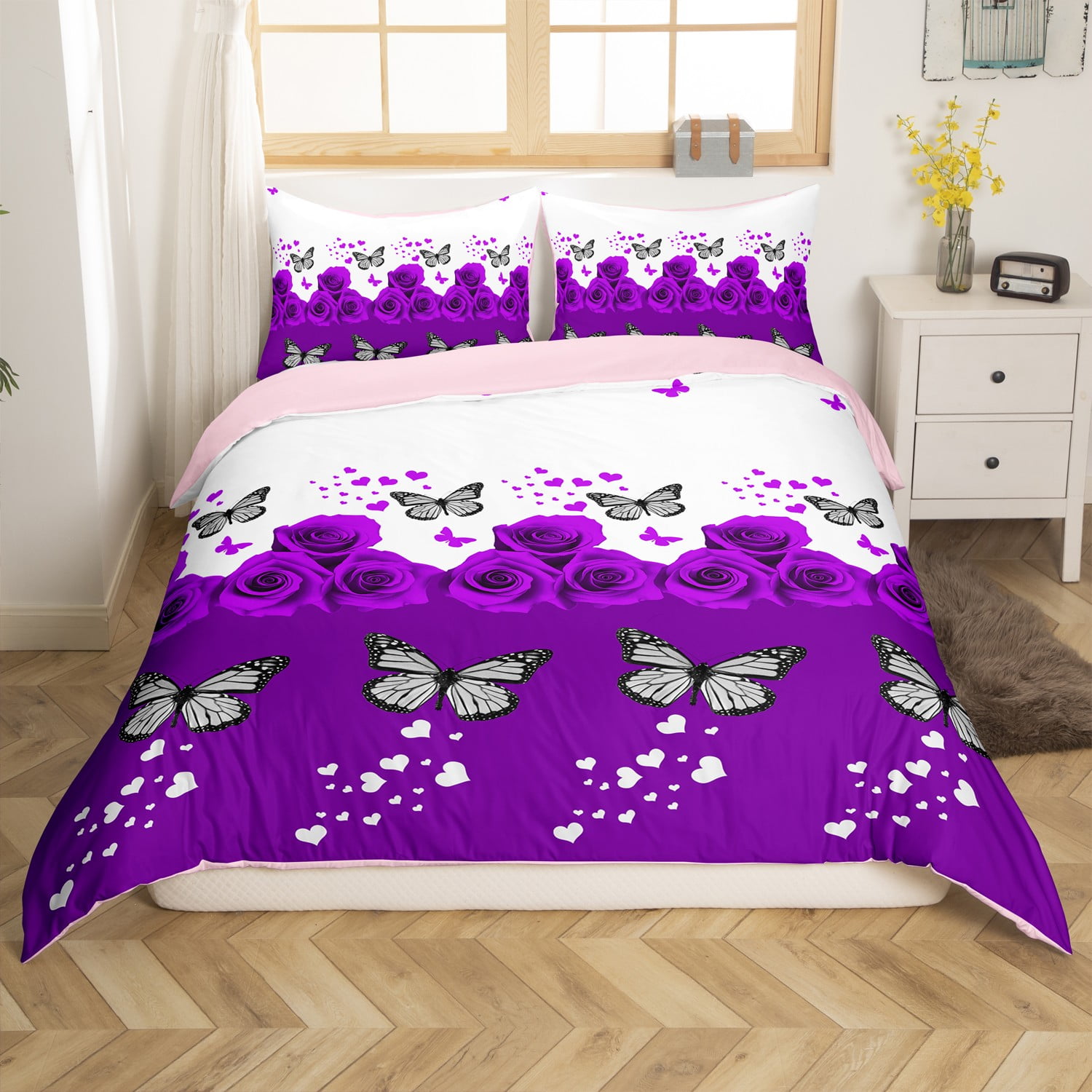 Erosebridal Floral Butterfly Duvet Cover,Purple Rose Bedding Set Queen ...