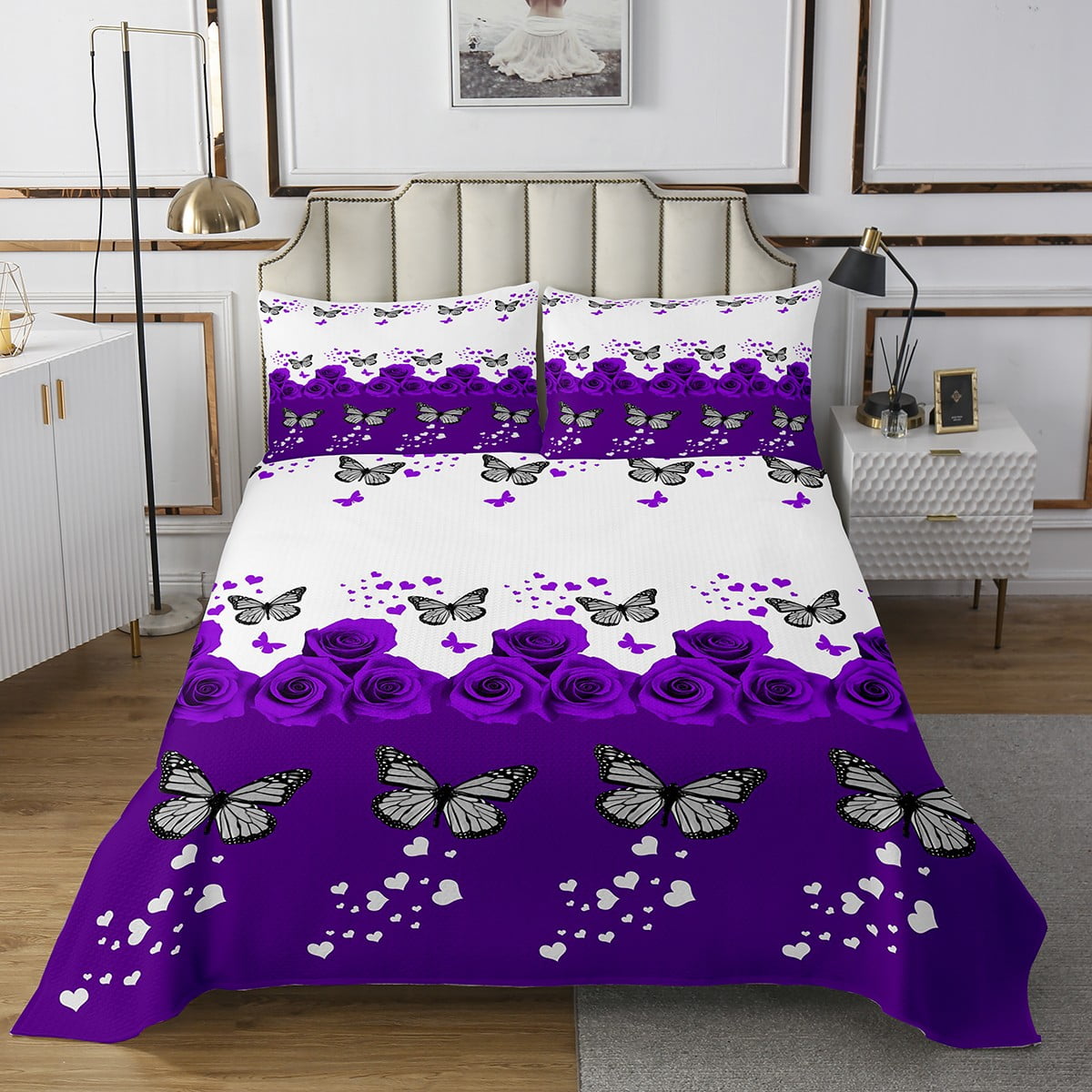Erosebridal Floral Butterfly Quilt Set,Purple Rose Coverlet Set King ...