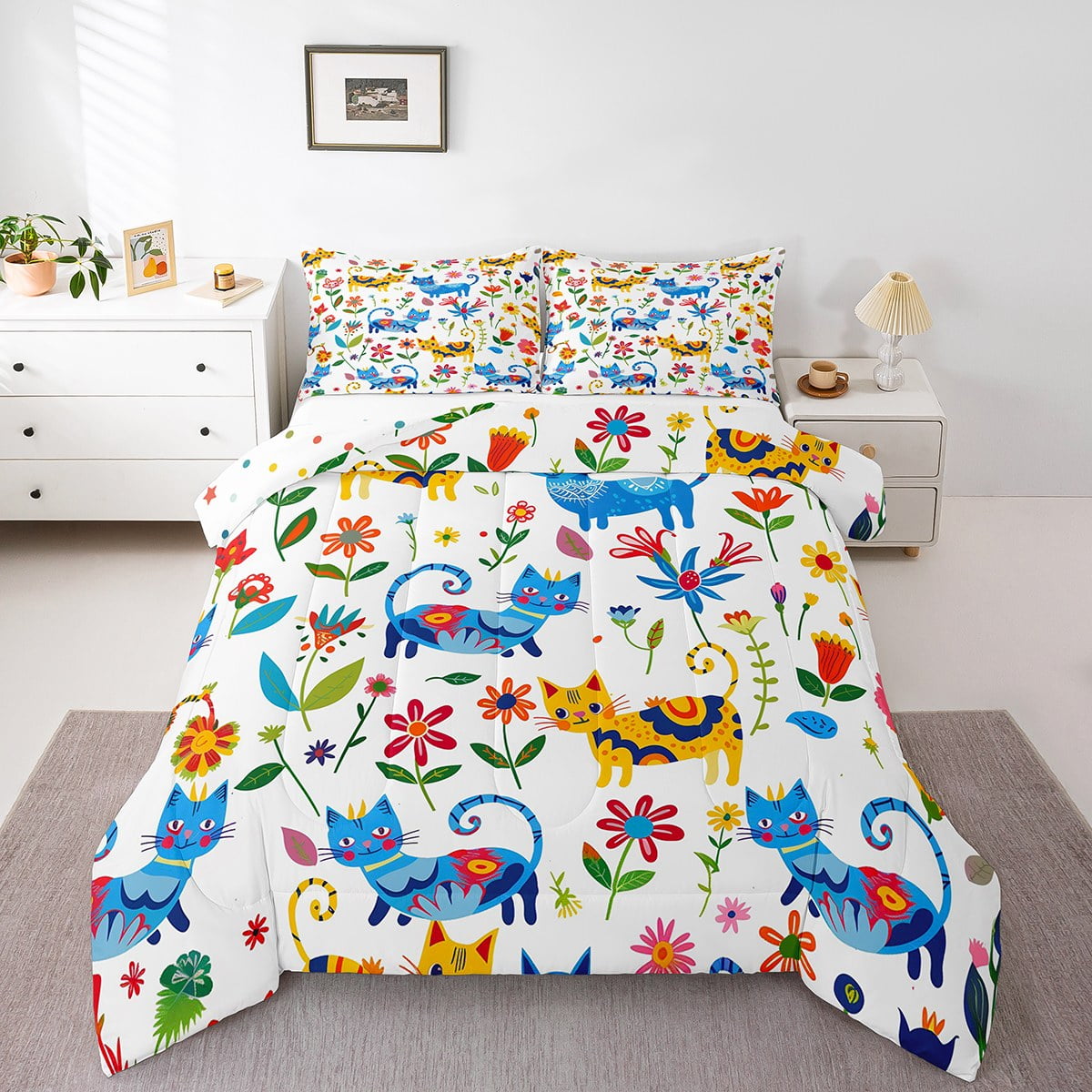 Erosebridal Floral Cat Comforter Sets Queen Size,Spring Garden Bedding ...
