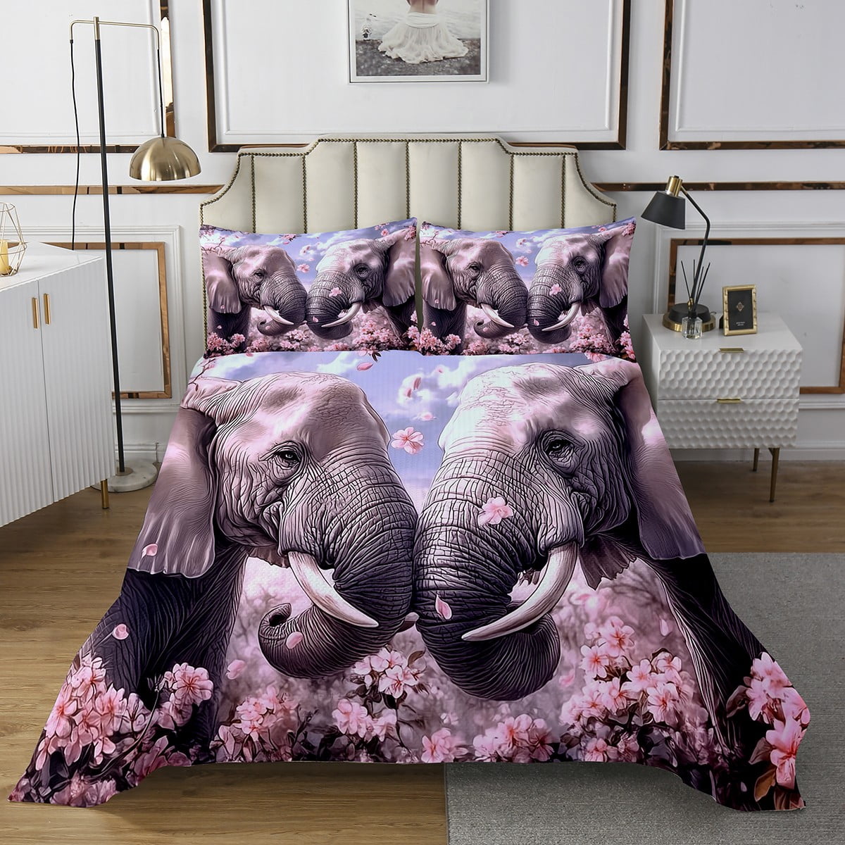 Erosebridal Floral Elephant Quilt Sets for King Size Bed,Jungle ...