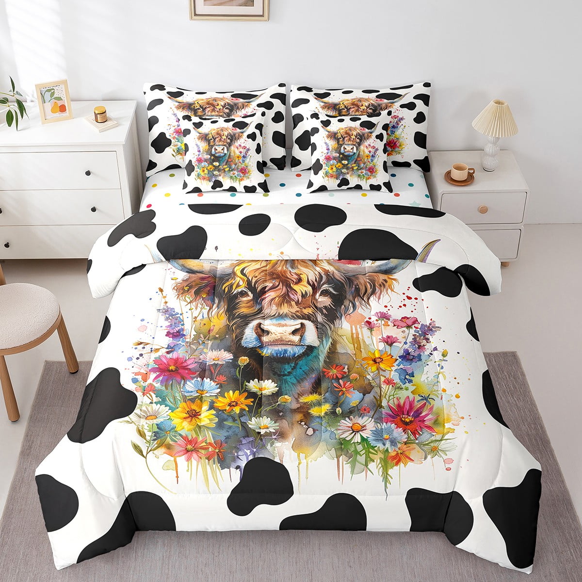 Erosebridal Floral Highland Cattle Bedding Sets Twin Size,Cow Print Comforter Sets with Sheets ...