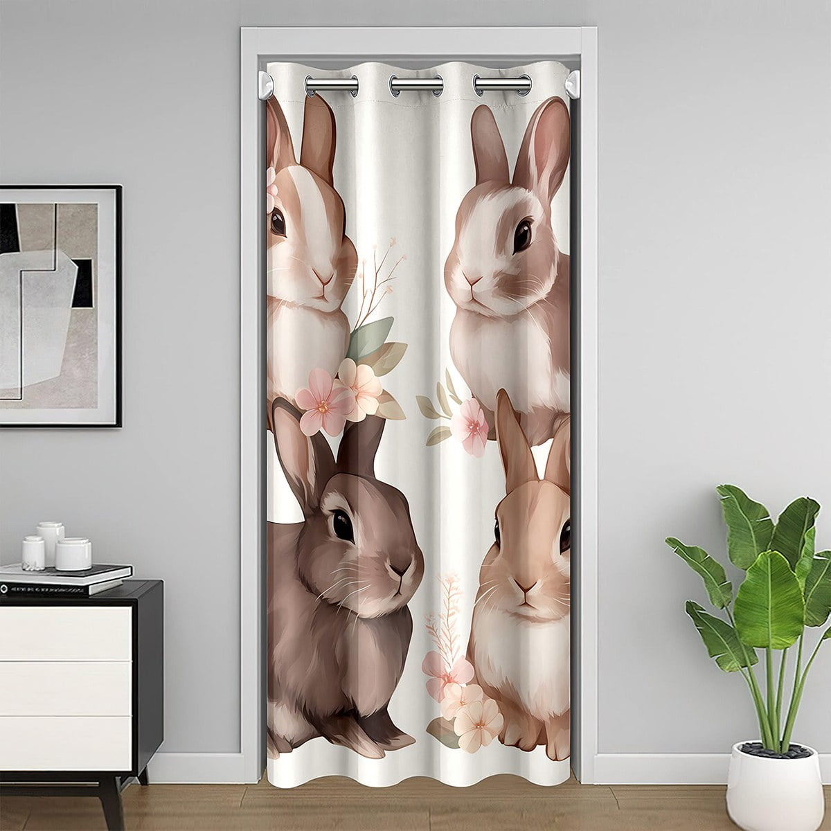 Erosebridal Floral Rabbit Door Curtain For Doorways 80"x59",Pink Brown Room Divider Curtain ...