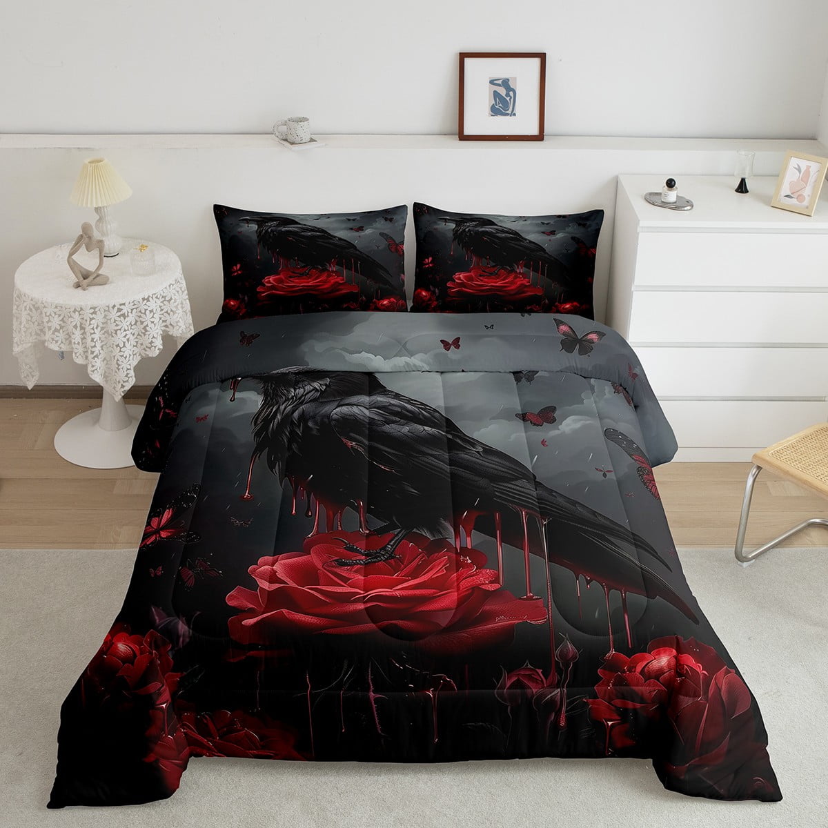 Erosebridal Floral Skull Bone Comforter Set Queen Size,Black Crow Moth ...