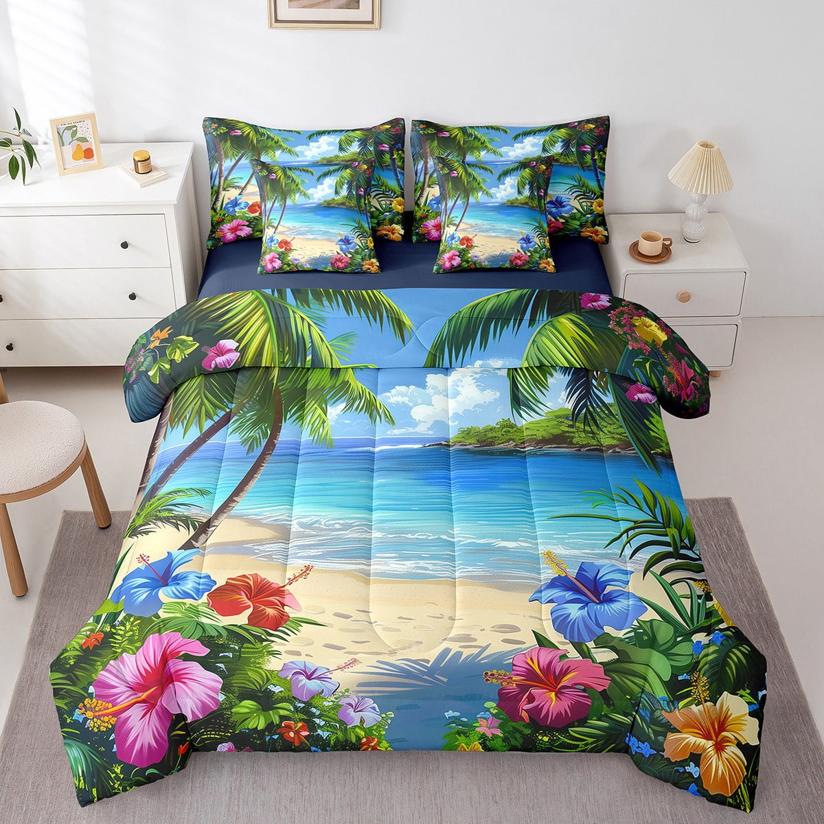 Erosebridal Flower Palm Bedding Sets Full Size, Marine Ocean Comforter ...