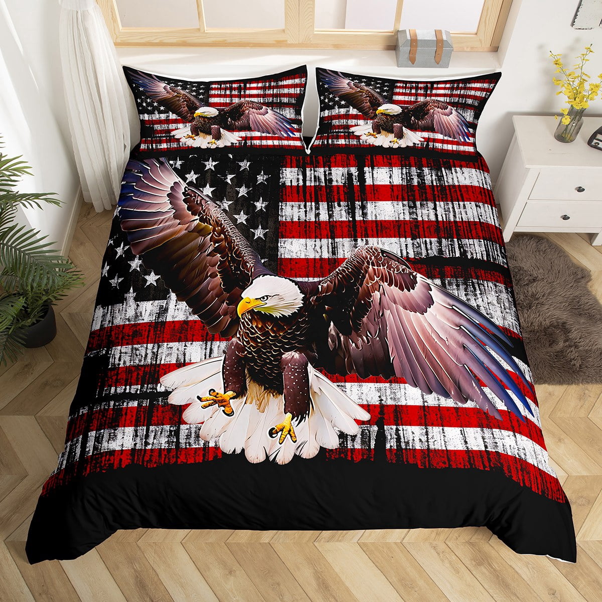 Erosebridal Flying Eagle Comforter Cover King, Grunge USA Flag Bedding ...