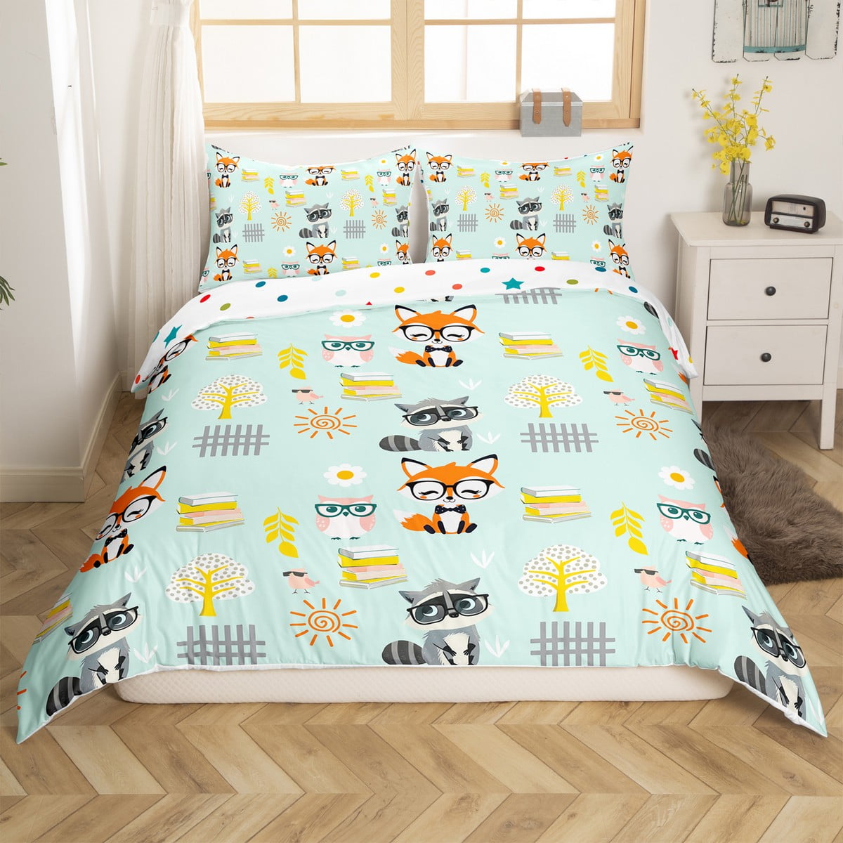 Erosebridal Fox Bedding Set Cute Raccoon Comforter Cover Queen Size ...