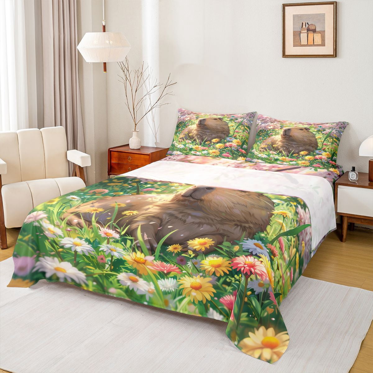 Erosebridal Funny Animals Capybara Queen Sheet Sets,Colorful Flowers ...