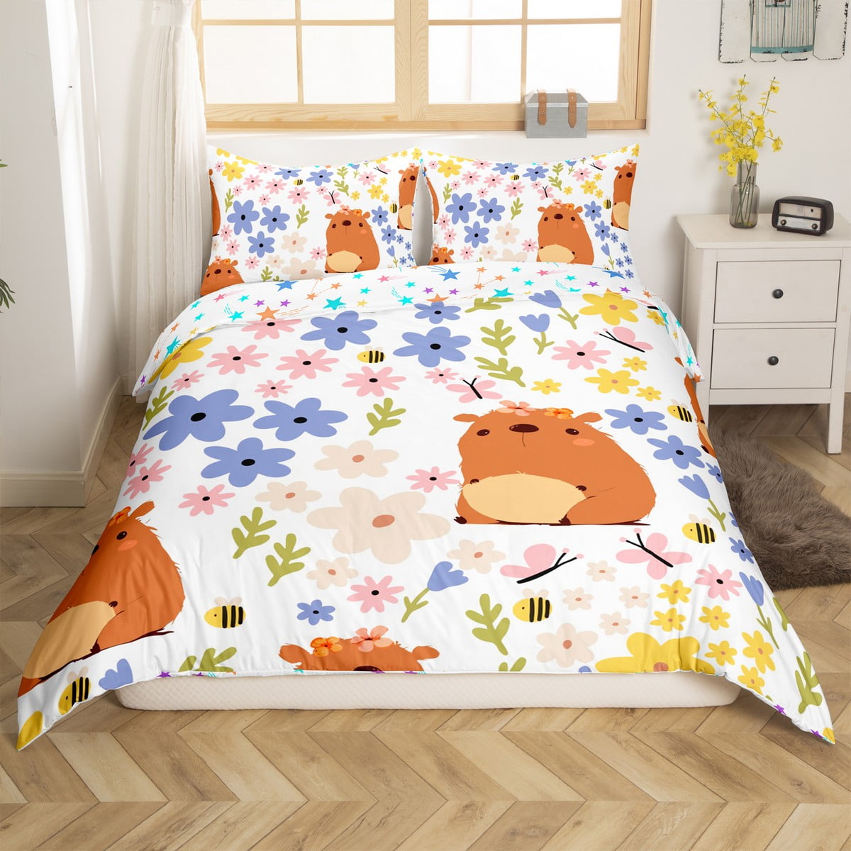 Erosebridal Funny Capybara Comforter Cover Twin, Chic Blossoms Bedding Twin Size, Cute Wild ...