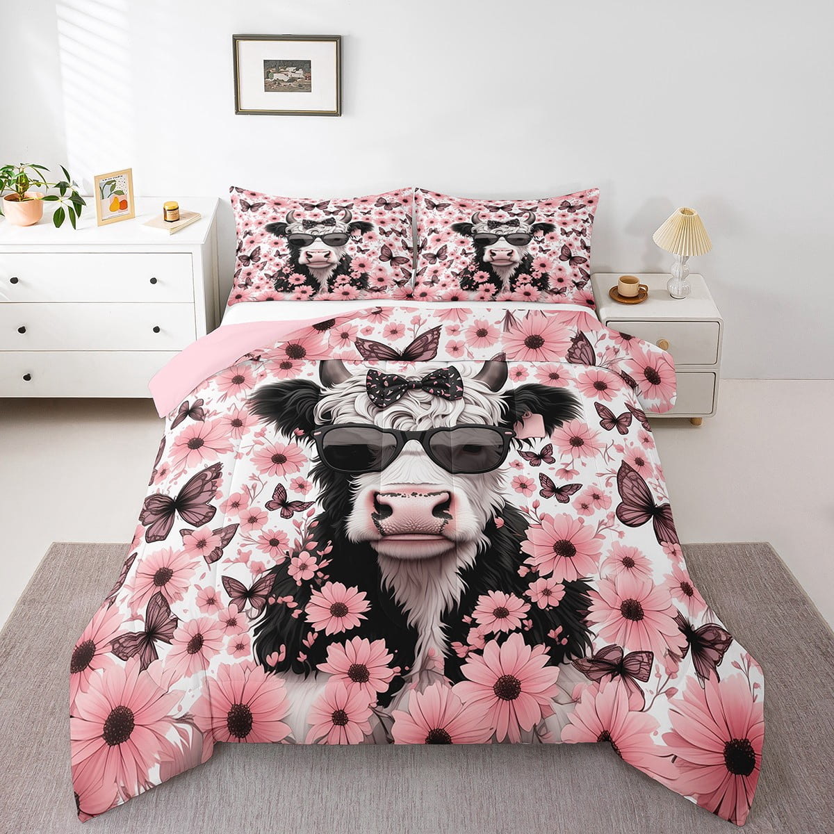 Erosebridal Funny Cow Comforter Sets Full Size, Pink Floral Flower Down ...