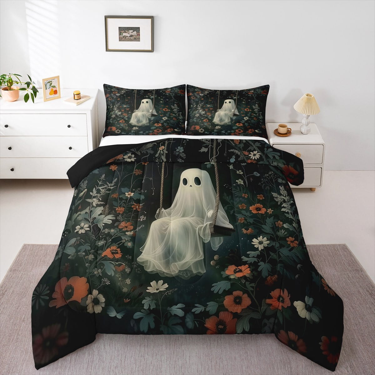 Erosebridal Funny Ghost Comforter Sets Full Size, Groovy Floral ...
