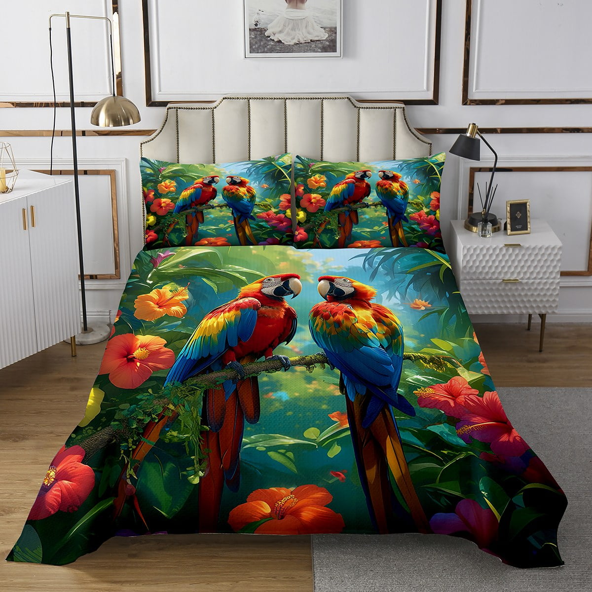 Erosebridal Funny Parrot Bedspread Sets Queen Size, Jungle Plant Bed ...