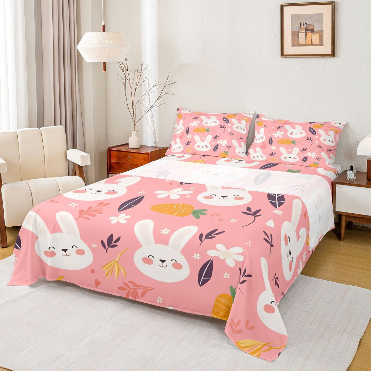 Erosebridal Funny Rabbit Full Size Sheets for Girls, Cartoon Flower ...
